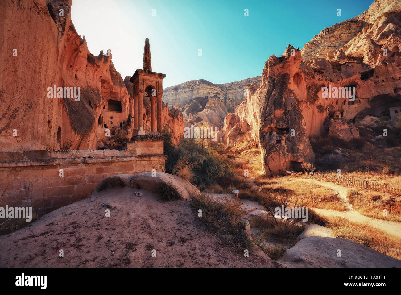 Cave town and rock formations in Zelve Valley, Cappadocia, Turkey Stock ...