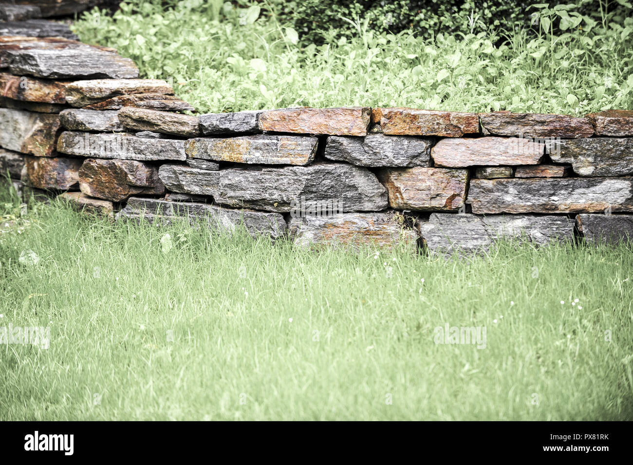 Nature garden with stone wall Stock Photo - Alamy