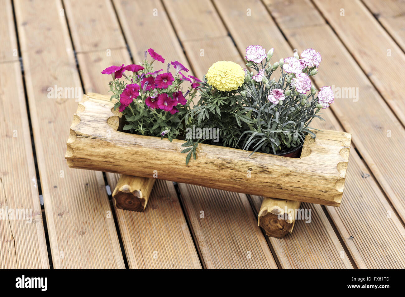 Wooden flower pot, terrace Stock Photo - Alamy