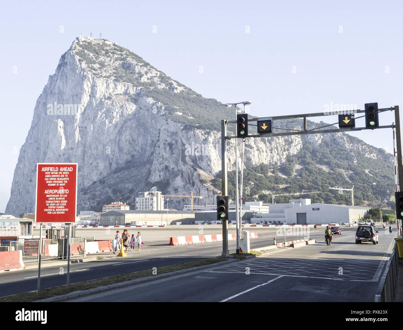 Gibraltar, crossing of runway for planes and motor traffic Stock Photo ...