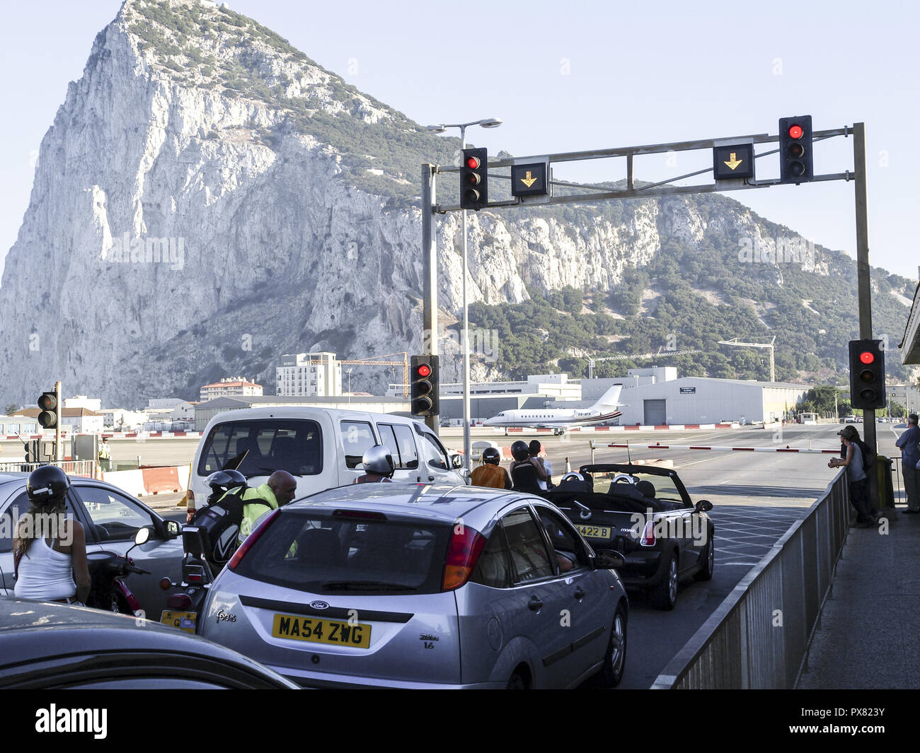 Gibraltar, crossing of runway for planes and motor traffic Stock Photo ...