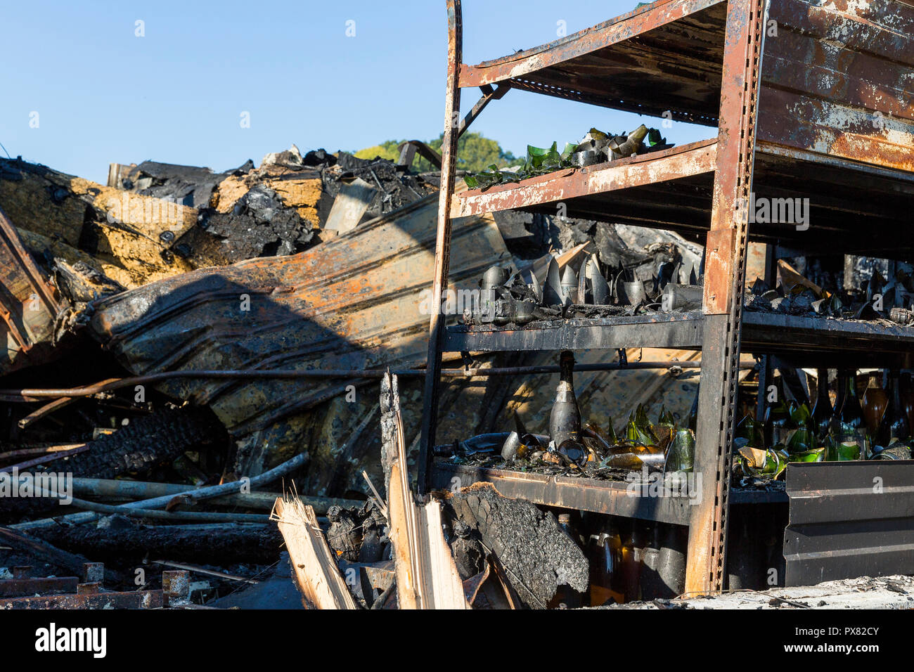 damaged industry supermarket metallic facade after arson fire with ...