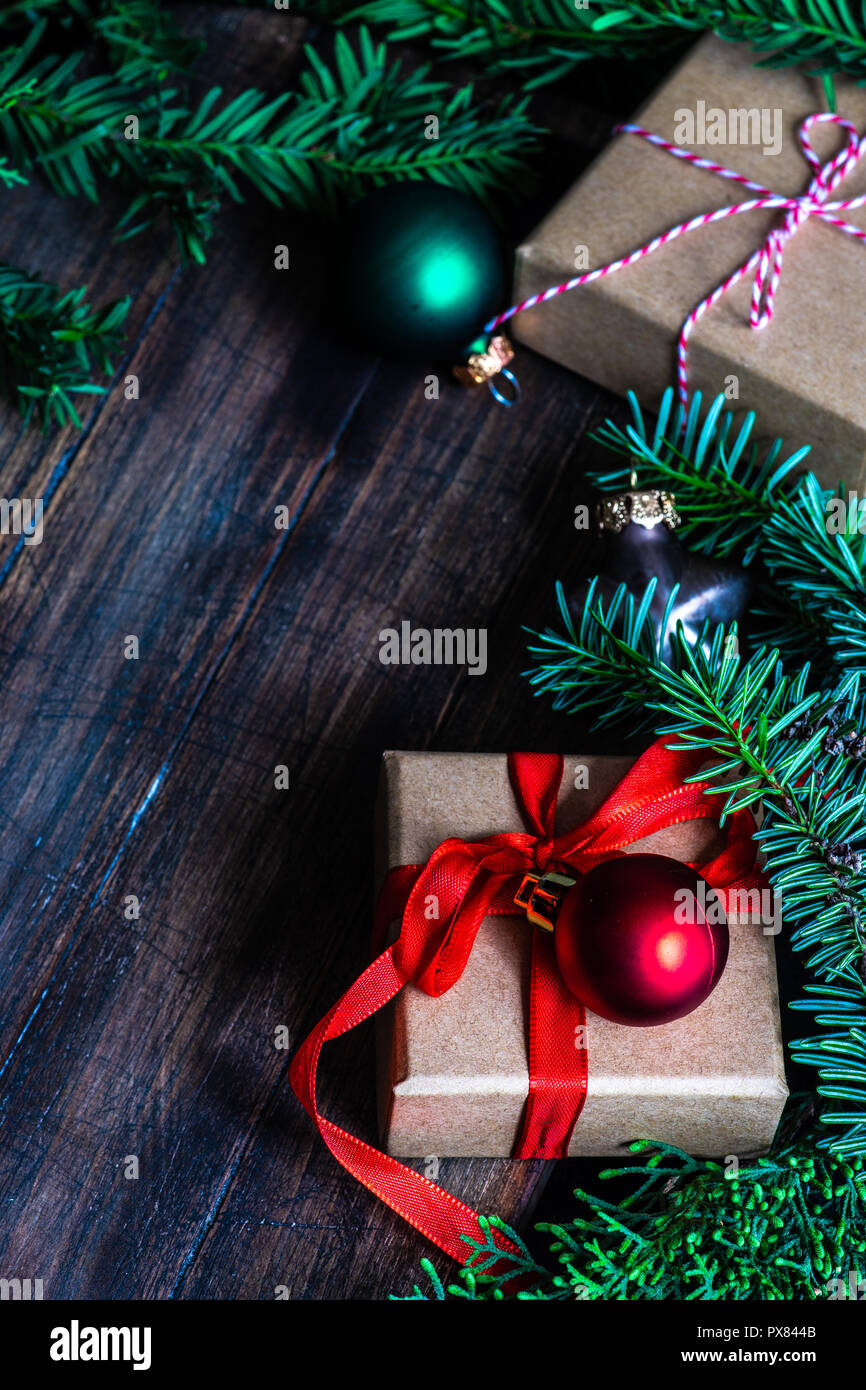Christmas frame with gift boxes, balls and christmas tree Stock Photo ...