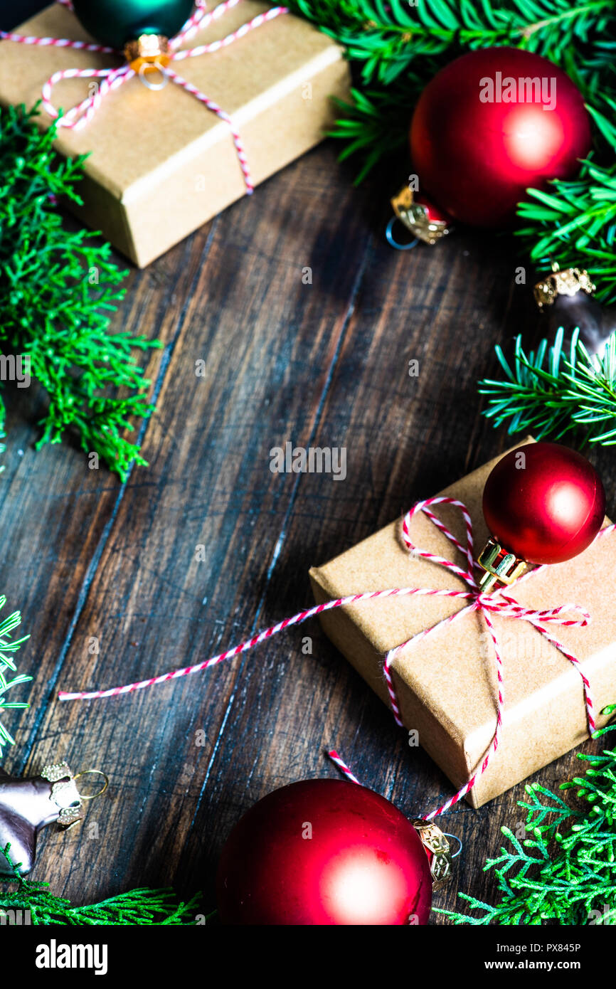 Christmas frame with gift boxes, balls and christmas tree Stock Photo ...