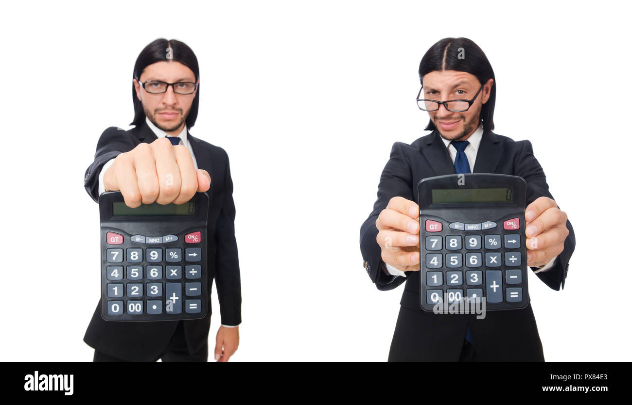 Man with calculator isolated on white Stock Photo - Alamy