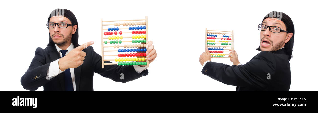Funny man with calculator and abacus Stock Photo - Alamy