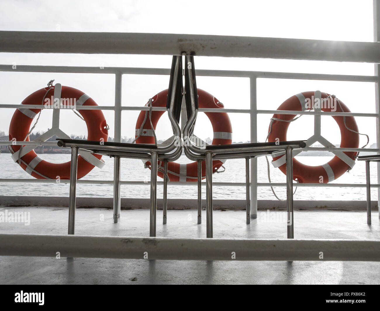 Life belts on a ship Stock Photo - Alamy