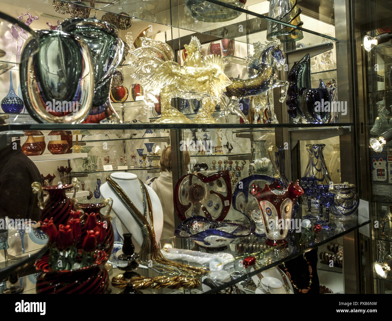 Venice, display with objects made from Murano glass, Italy, Venetia ...
