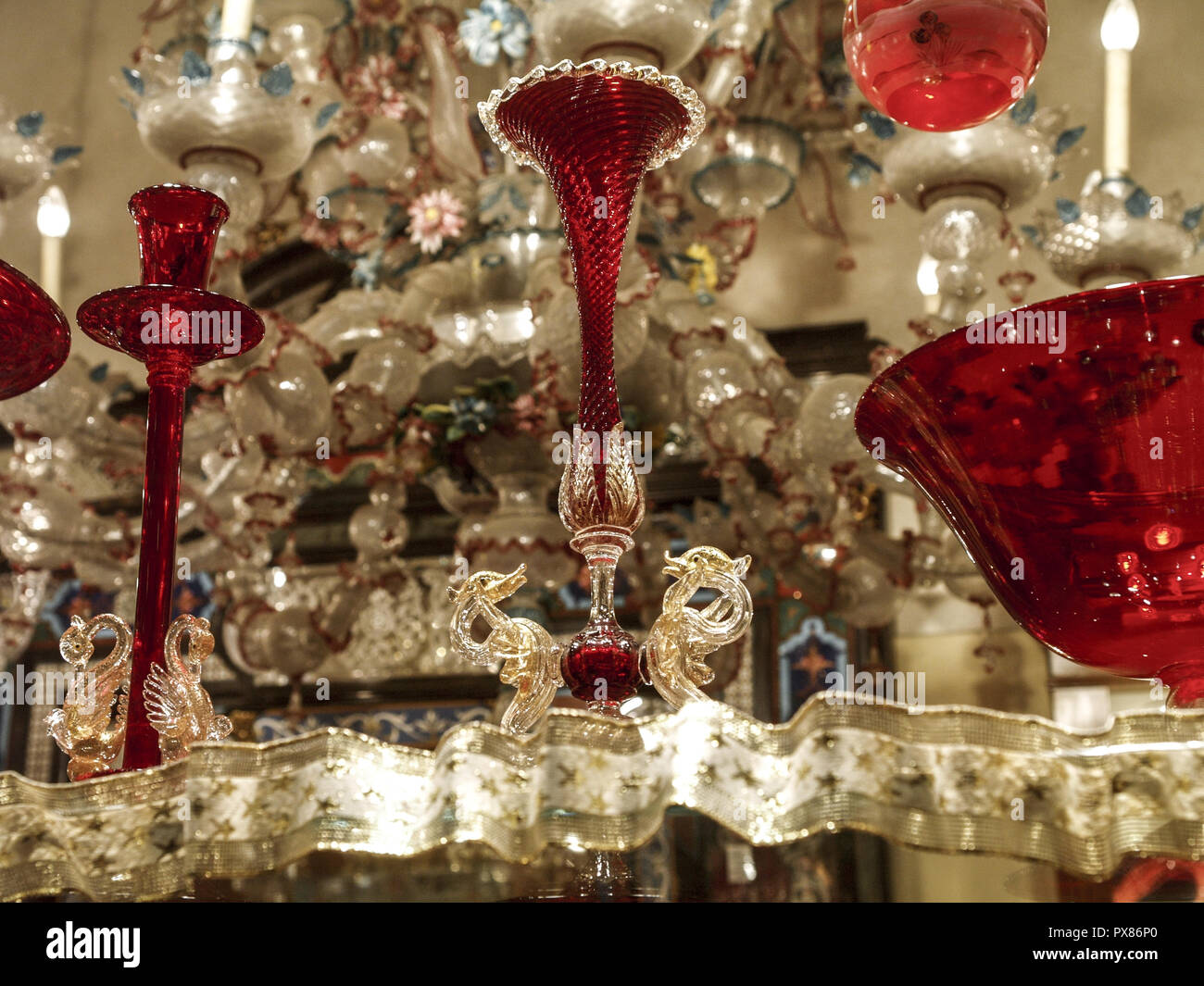 Venice, display with objects made from Murano glass, Italy, Venetia ...