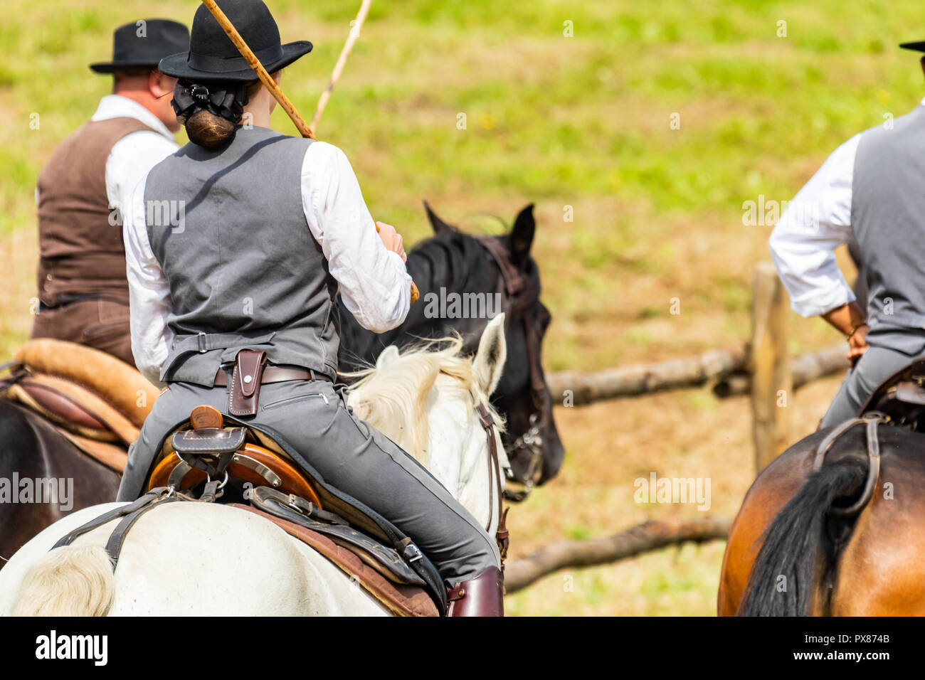 Female horse rider, leading a hunting party during a traditional ...