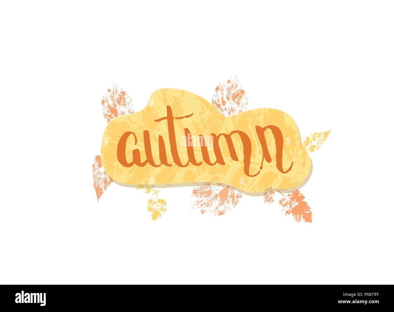 Autumn textured sticker. Handwritten lettering with leaves decoration ...