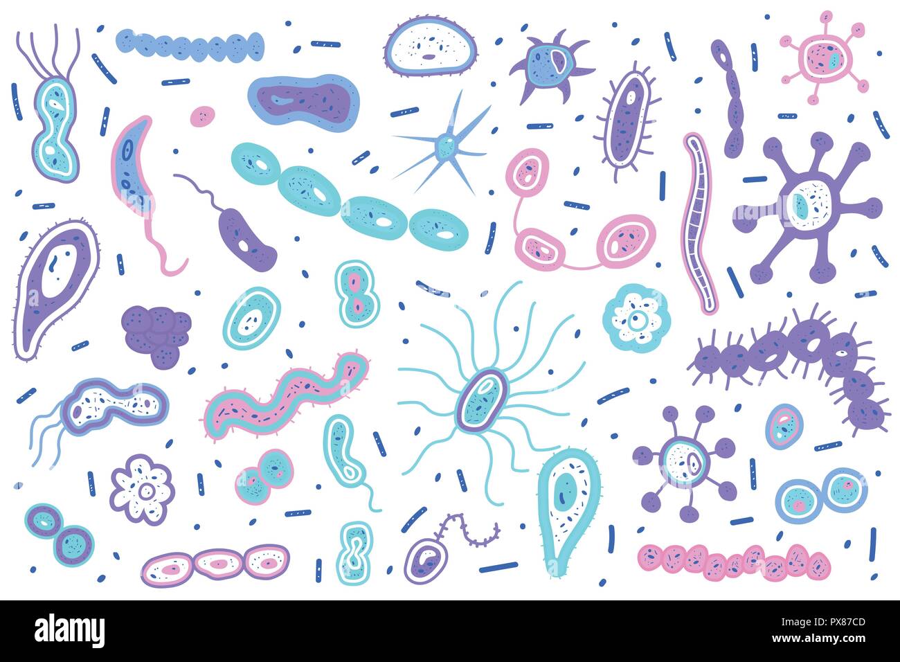 Set of bacterias cells. Microorganism collection flat shapes isolated ...