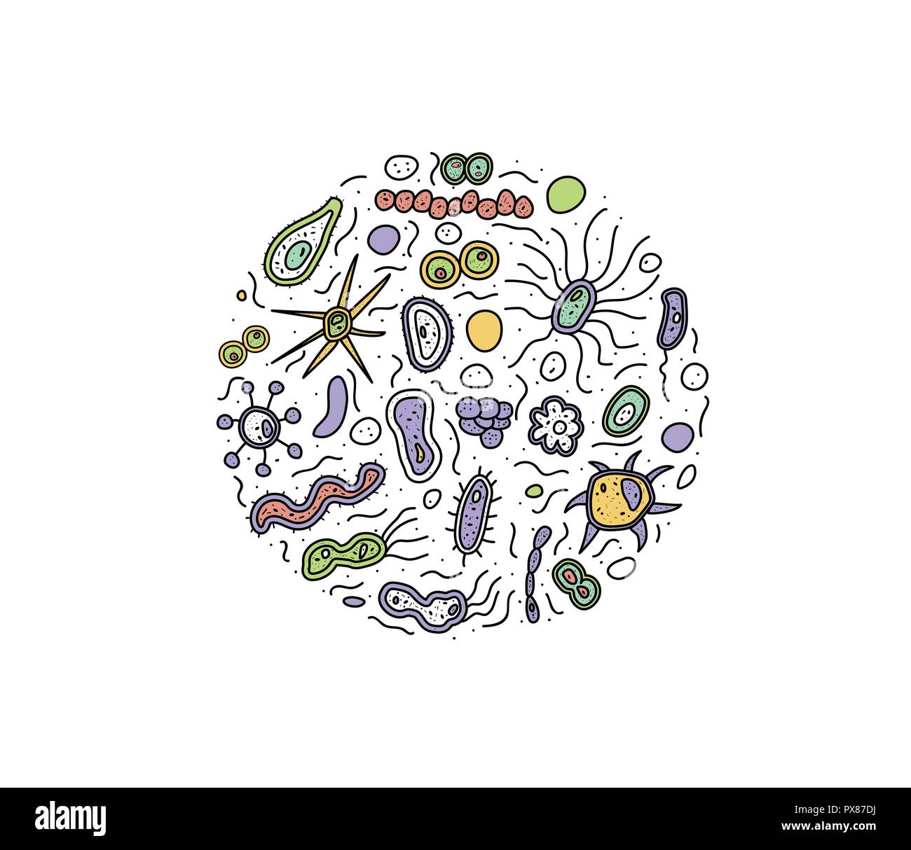 Bacteria cells round badge. Microorganism collection. Vector doodle ...