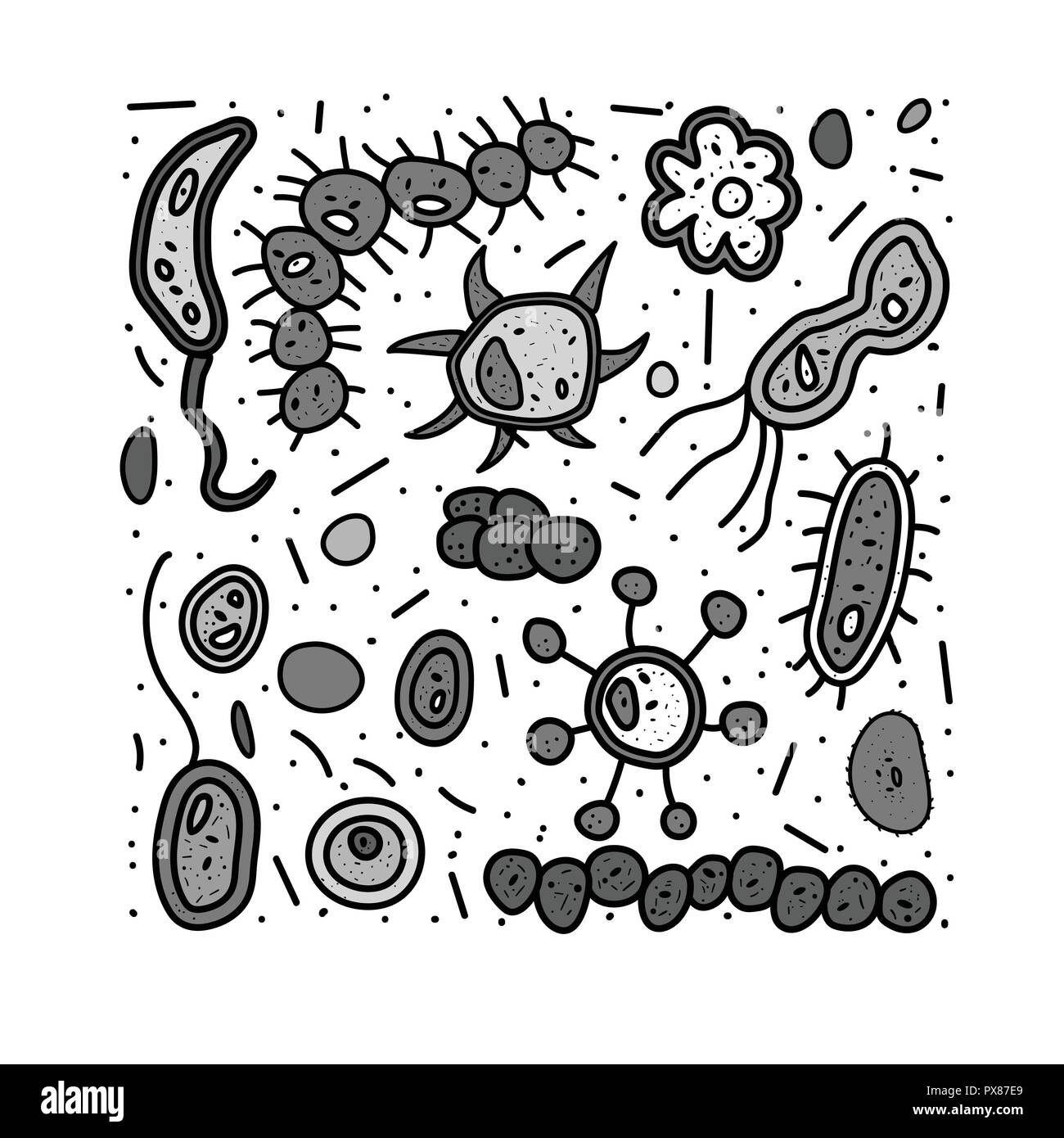 Bacterias cell. Microorganism collection. Vector doodle style objects ...