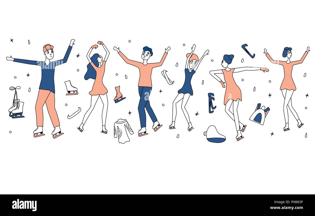 Figure skating concept. Group of people on the rink. Vector doodle ...