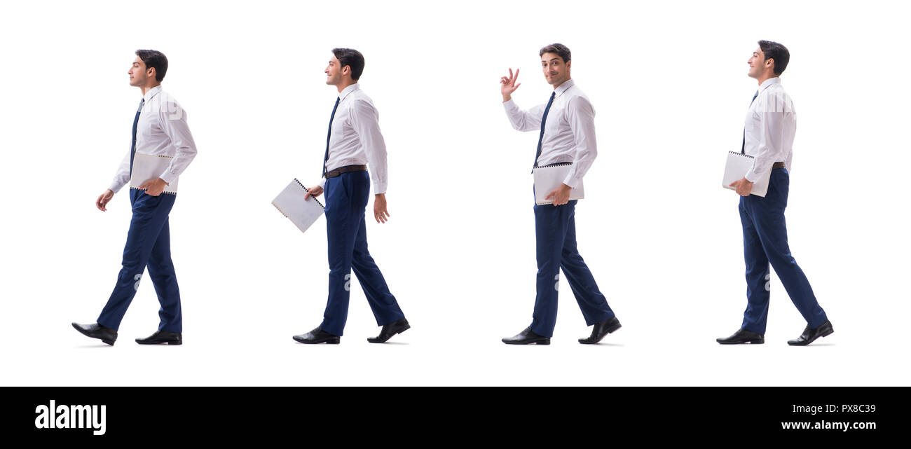 Businessman walking standing side view isolated on white background ...