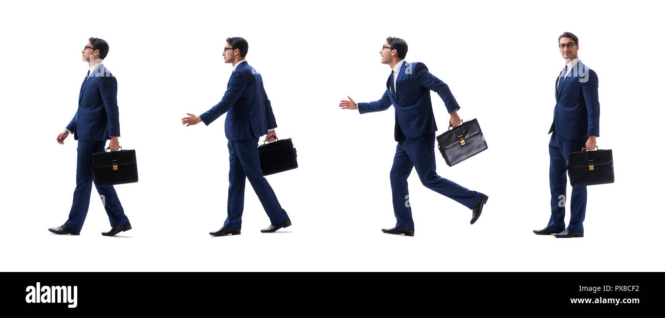 Businessman walking standing side view isolated on white background ...