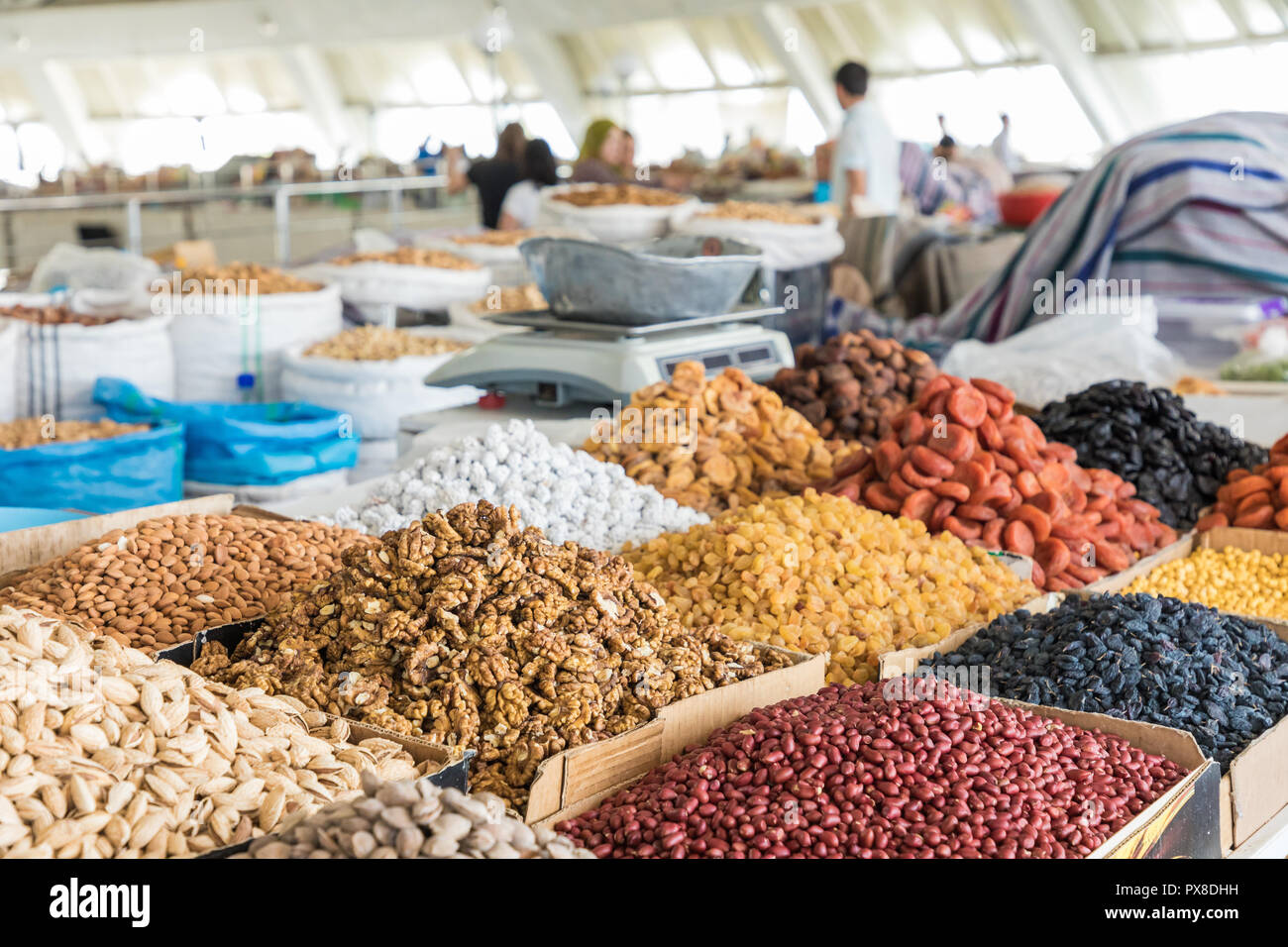 Dried fruits and nuts on local food market in Tashkent, Uzbekistan ...