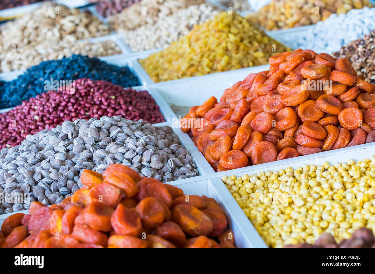 Dried fruits and nuts on local food market in Tashkent, Uzbekistan ...