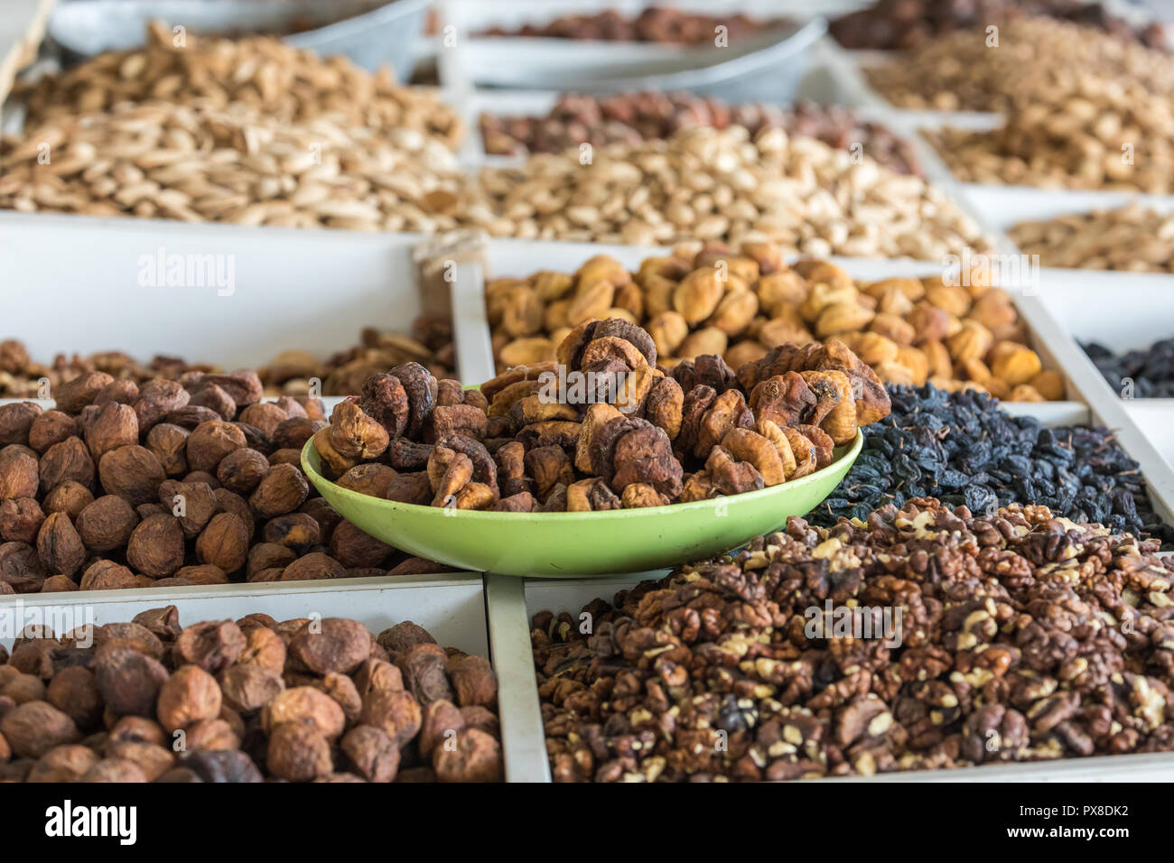 Dried fruits and nuts on local food market in Tashkent, Uzbekistan ...