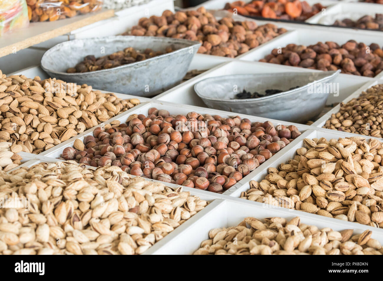 Dried fruits and nuts on local food market in Tashkent, Uzbekistan ...