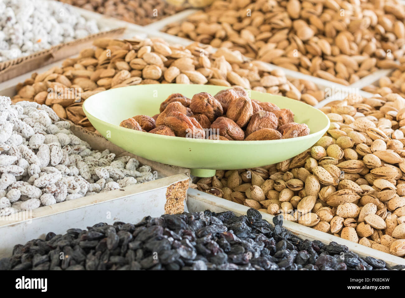 Dried fruits and nuts on local food market in Tashkent, Uzbekistan ...