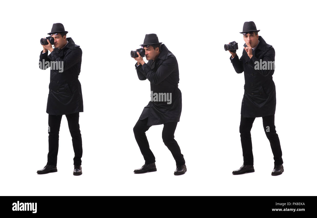 Spy with camera taking pictures isolated on white Stock Photo - Alamy