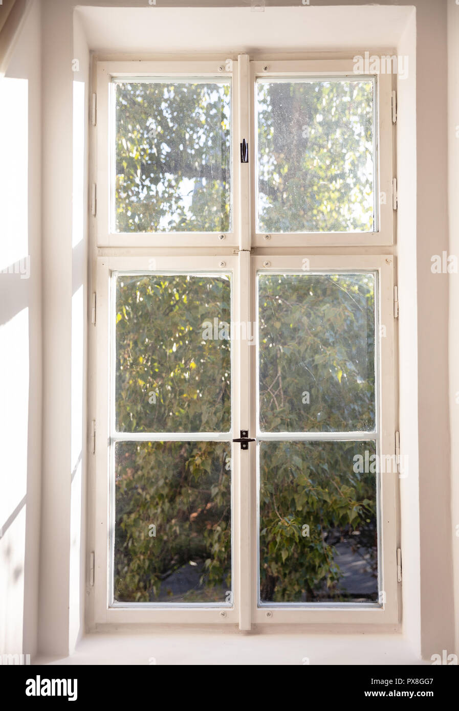 White old fashioned wooden window on white wall, green trees outside ...