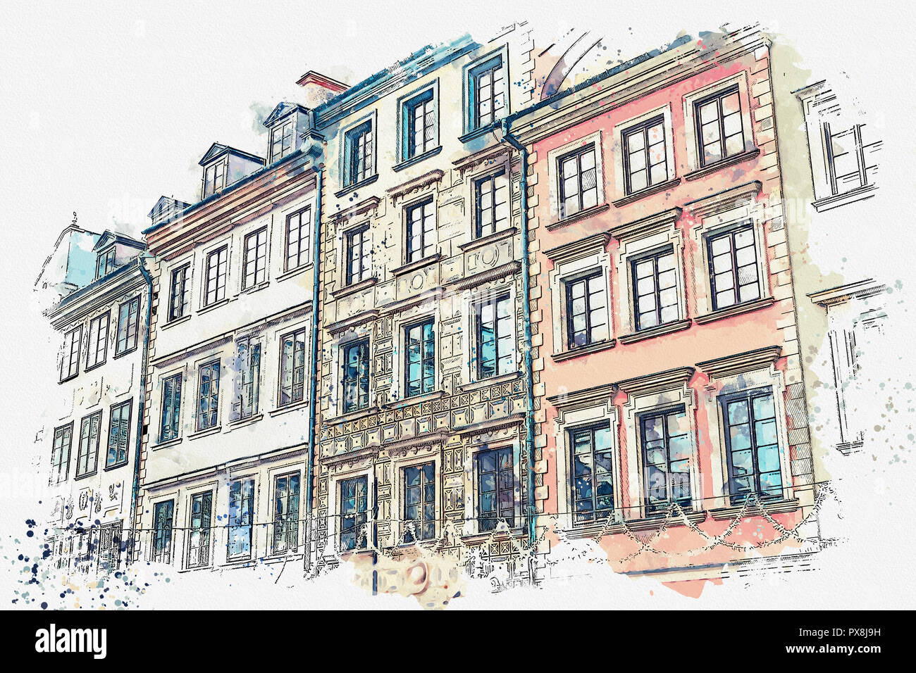 A watercolor sketch or illustration of a traditional street with ...