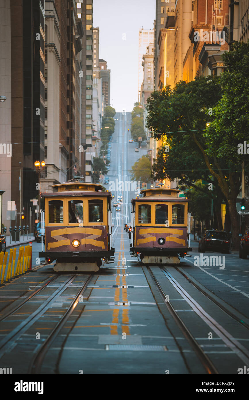 Classic panorama view of historic San Francisco Cable Cars on famous ...
