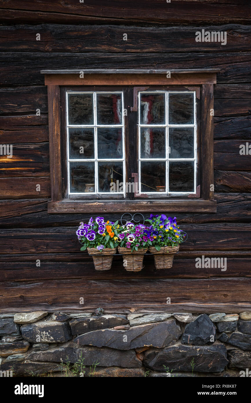 Traditional architecture of wooden houses in Røros, Norway. Old wooden ...