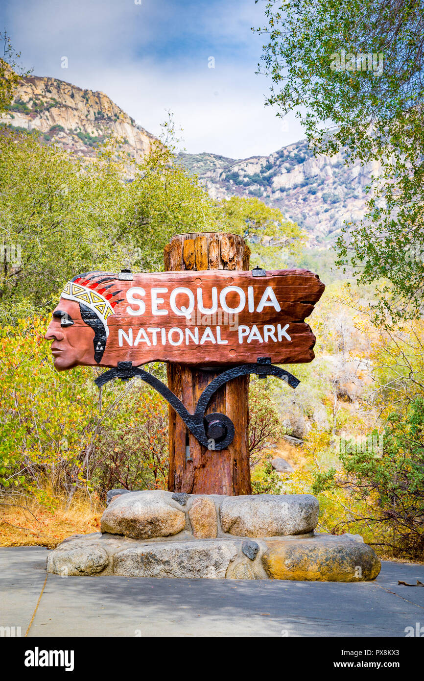 Classic view of traditional wooden Sequoia National Park entrance ...