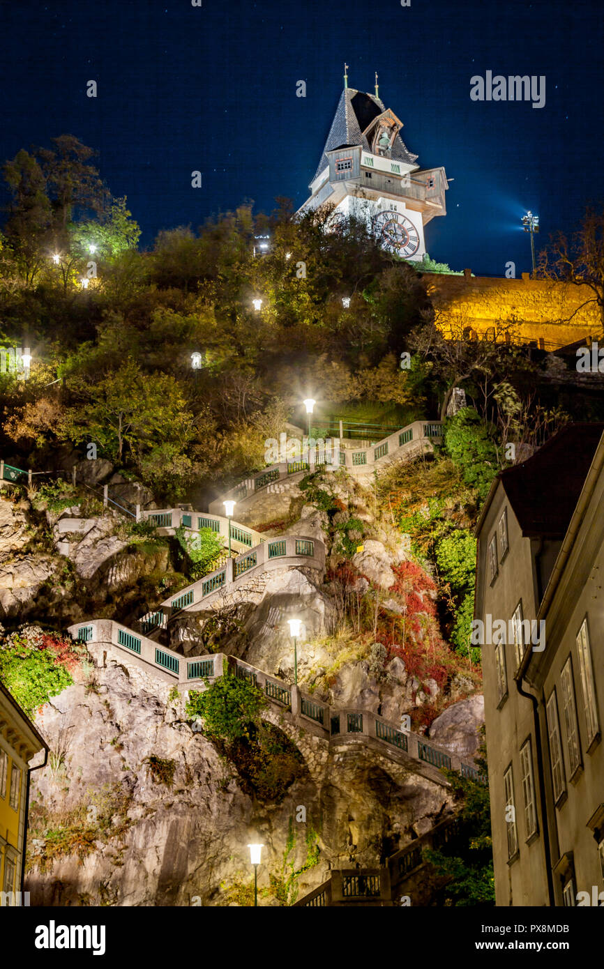 Stairs at Grazer Schlossberg leading up to famous clock tower, Graz ...