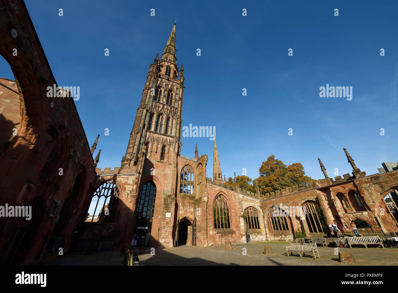 St Michaels Tower and the ruins of Coventry Cathedral on Priory Street ...