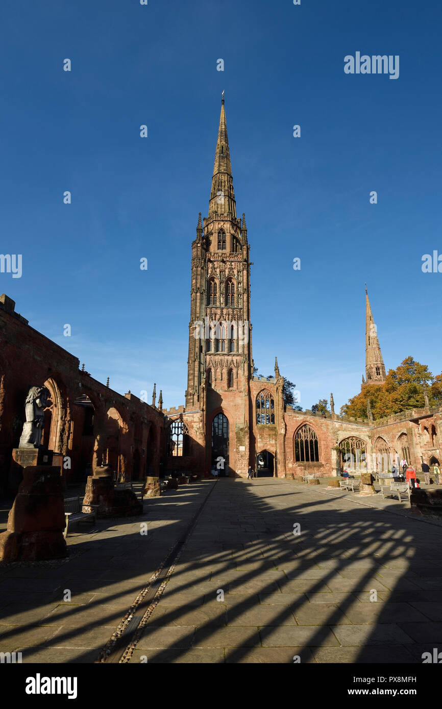 St Michaels Tower and the ruins of Coventry Cathedral on Priory Street ...