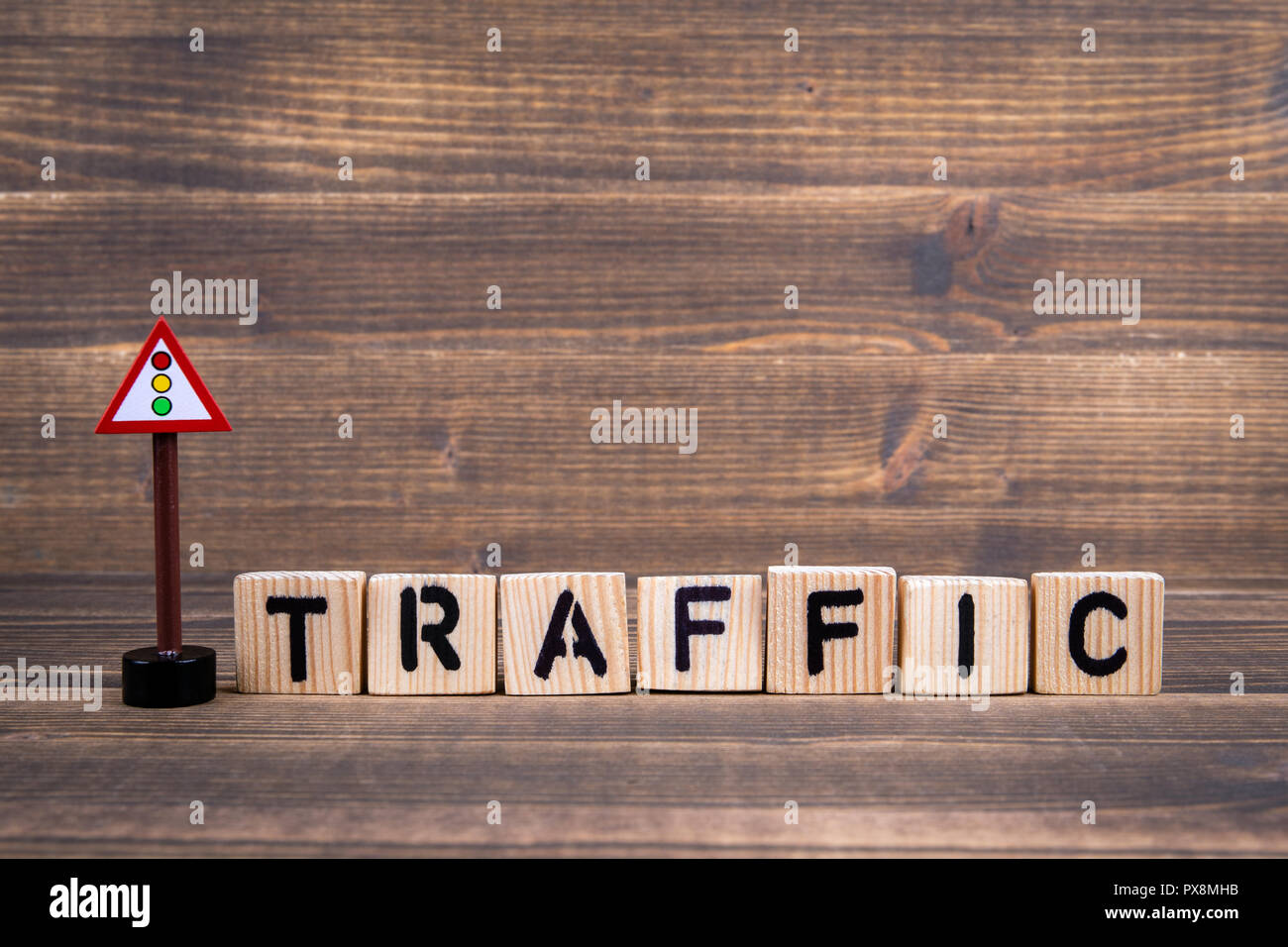 Traffic Name from wooden letters with a traffic light road sign Stock ...