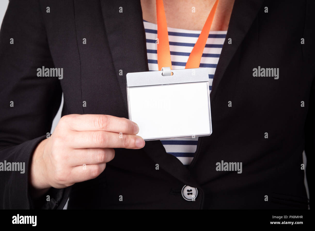 White empty staff identity mockup with orange lanyard Stock Photo - Alamy