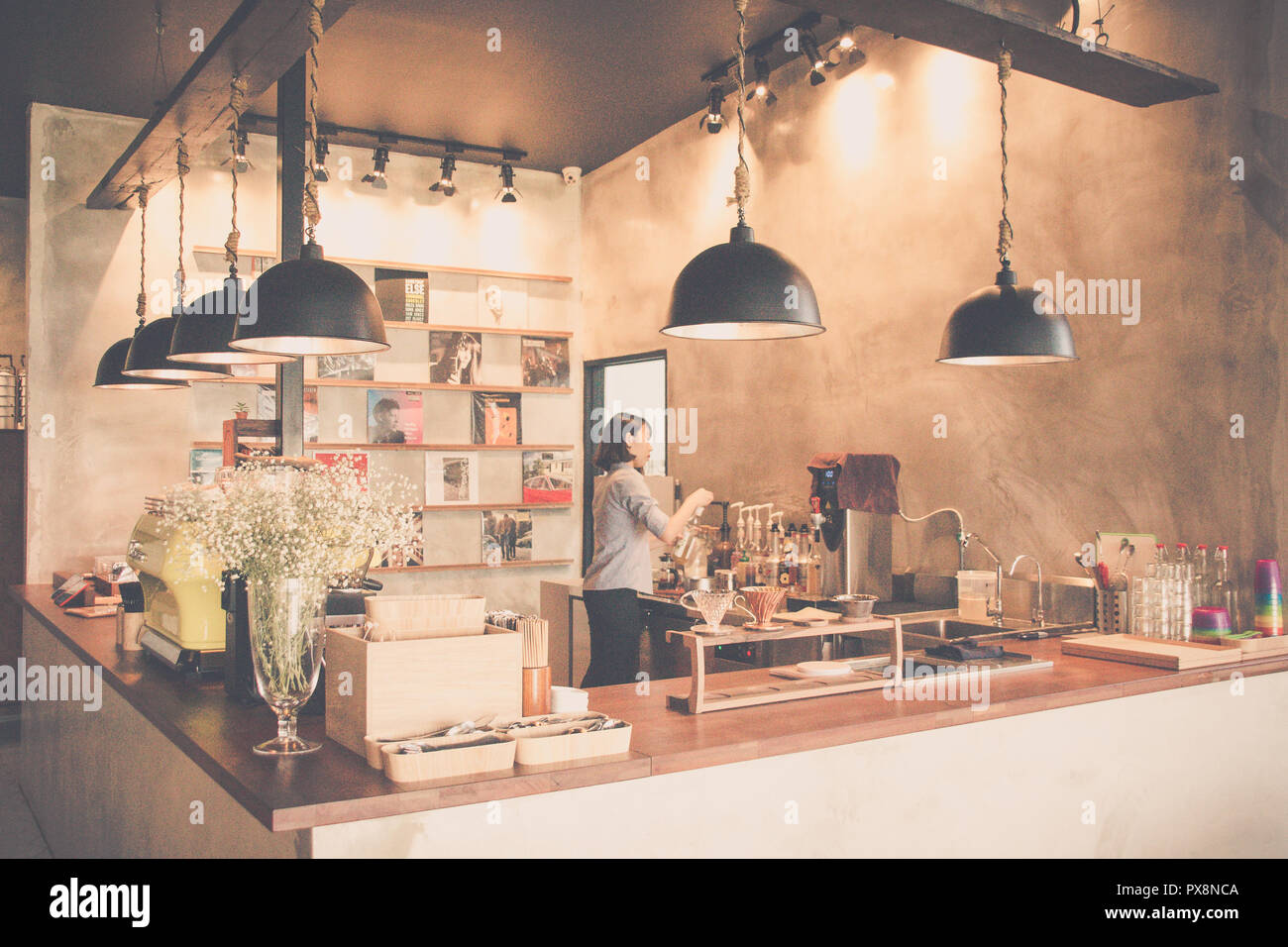 Beautiful cafe interior with tables and chairs and lighting Stock Photo ...