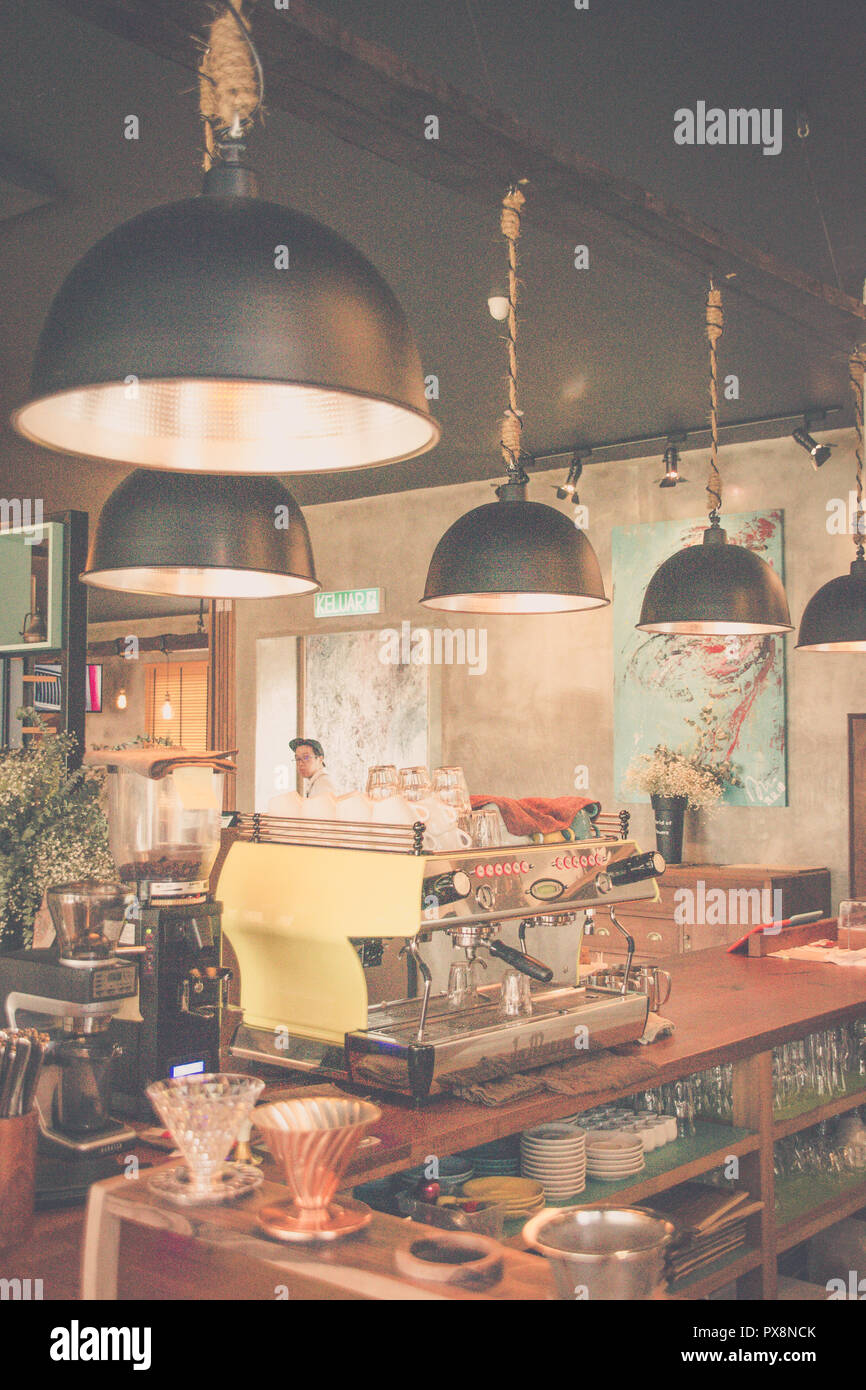 Beautiful cafe interior with tables and chairs and lighting Stock Photo ...