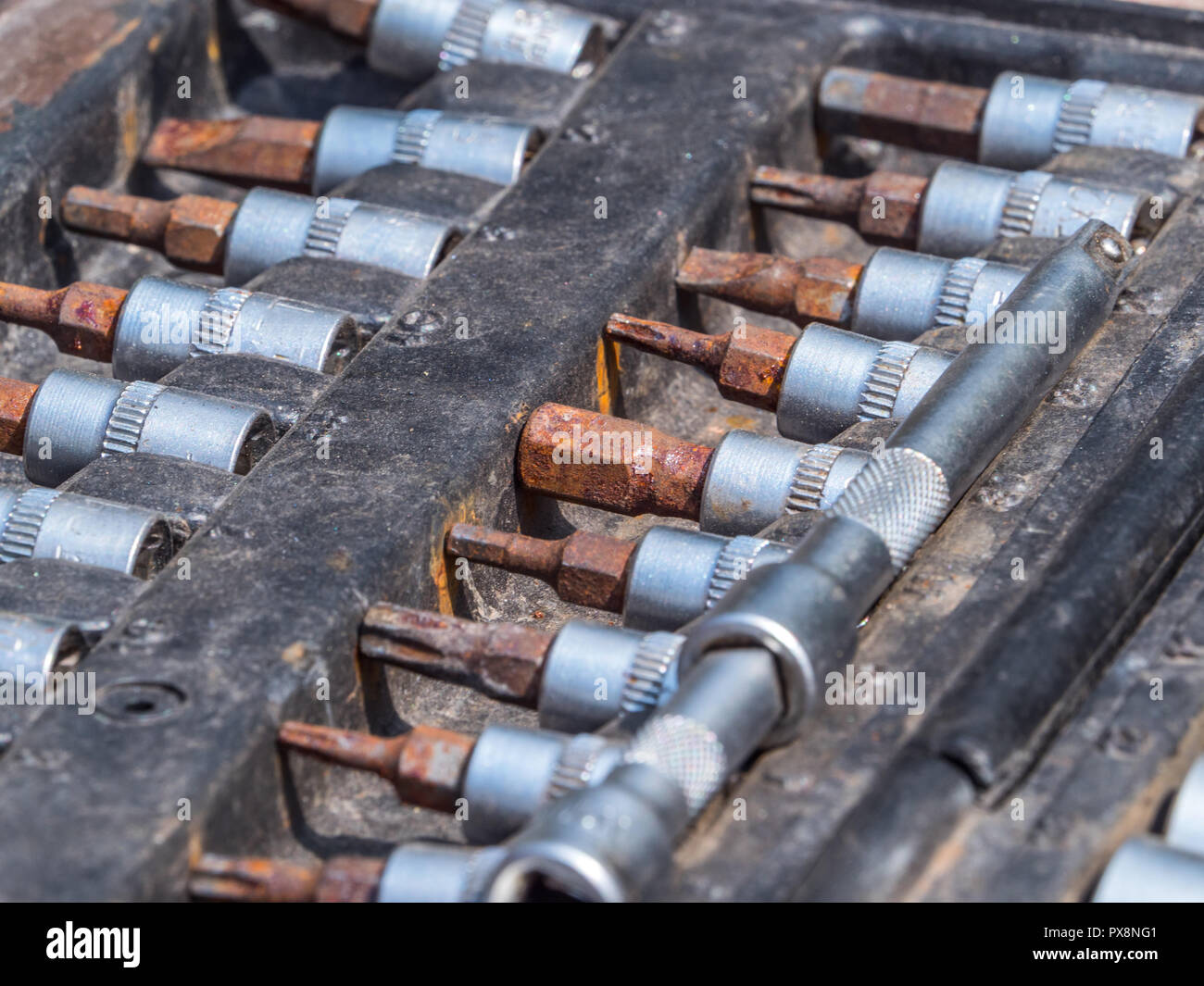Set of ratchet sockets, socket wrenches, flat wrenches in a plastic ...