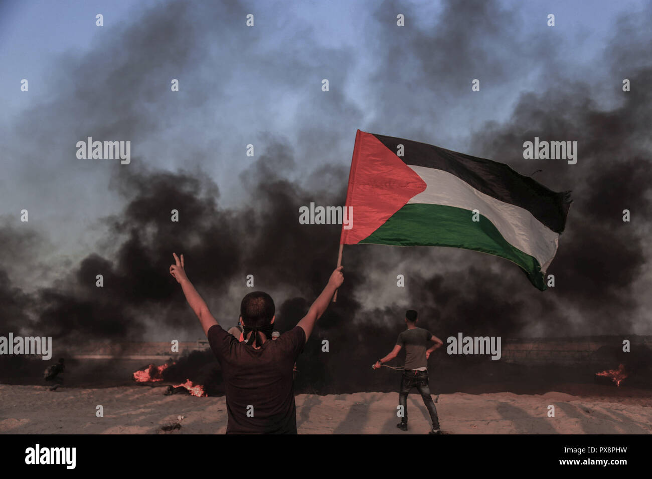 A Palestinian demonstrator raises the flag of Palestine and signs the ...