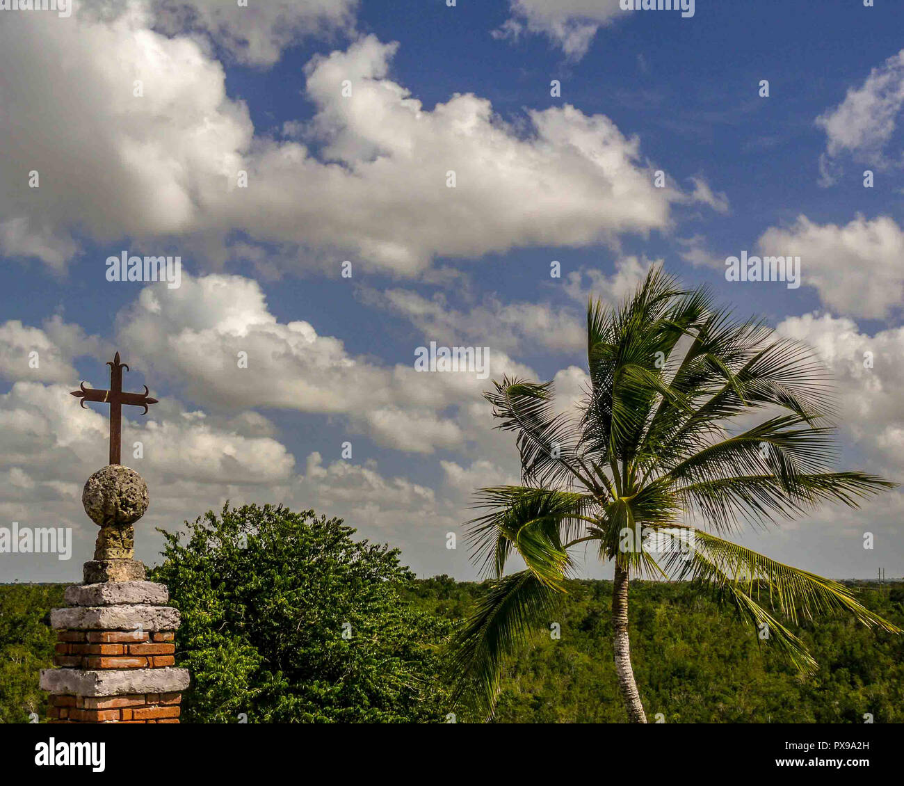 La Romana, Dominican Republic. 14th Jan, 2009. A palm tree and a cross ...