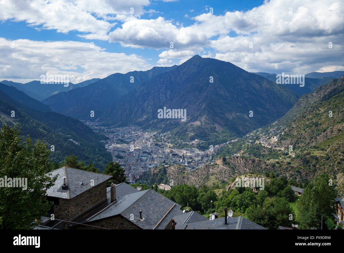 Andorra la Vella city, in a valley in the middle of Pyrenees Stock ...