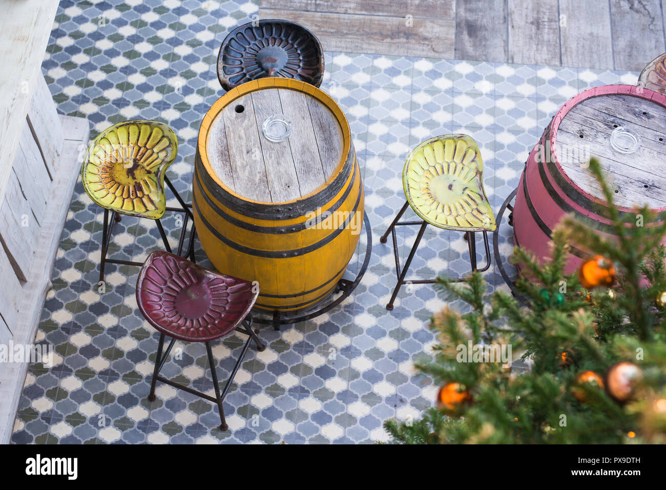 Top view of a beautiful modern street cafe interior with Christmas tree ...