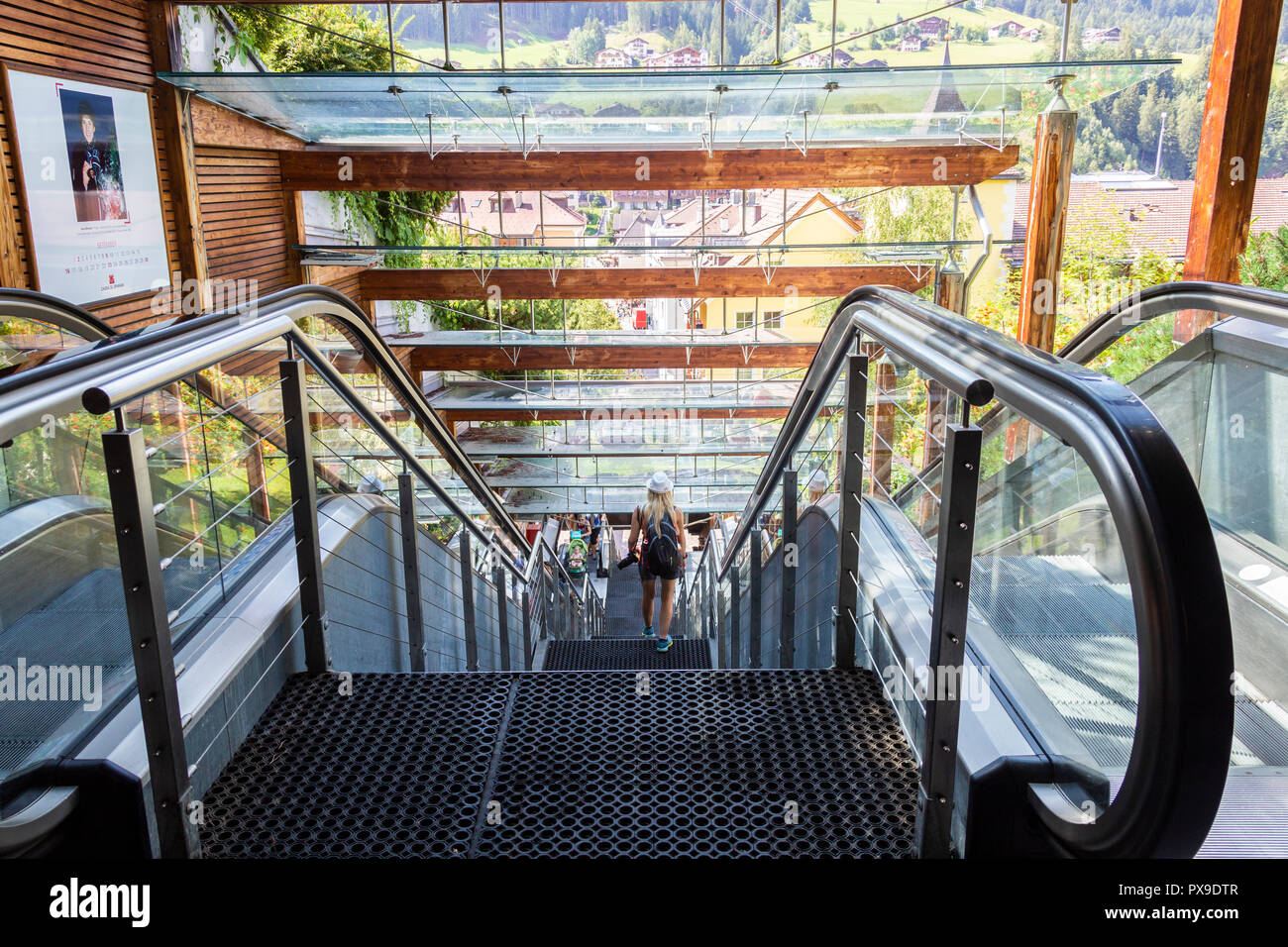 Escalators to acess the Seceda cable car. Ortisei, Gardena Valley ...