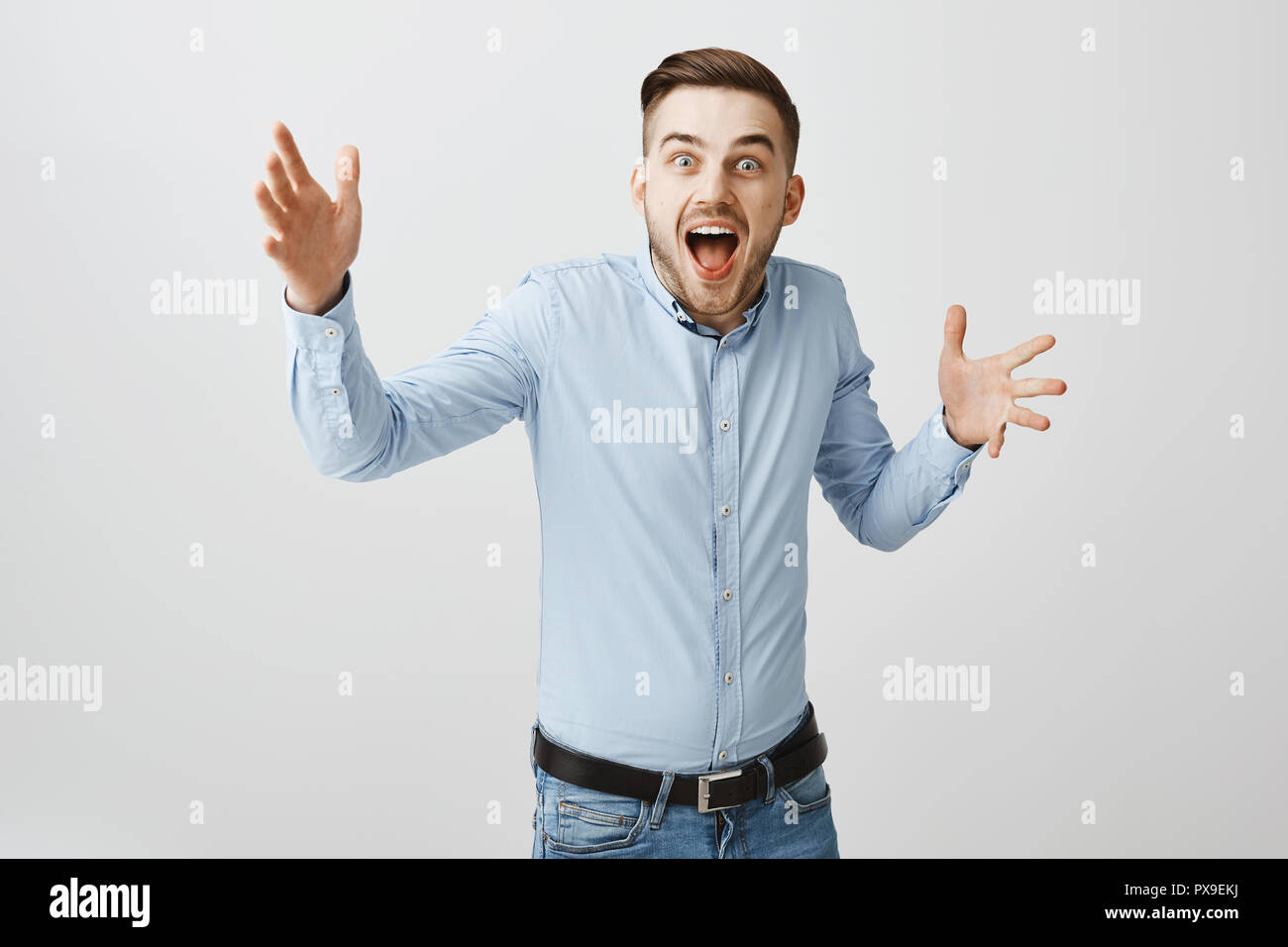 Man being surprised and excited retelling awesome news being promoted ...