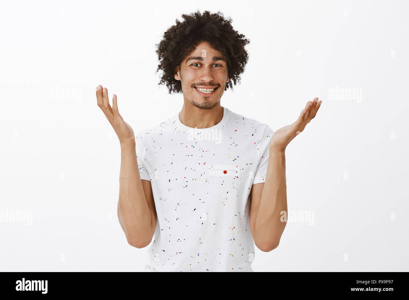 Not my fault, really. Portrait of carefree indifferent and joyful ...