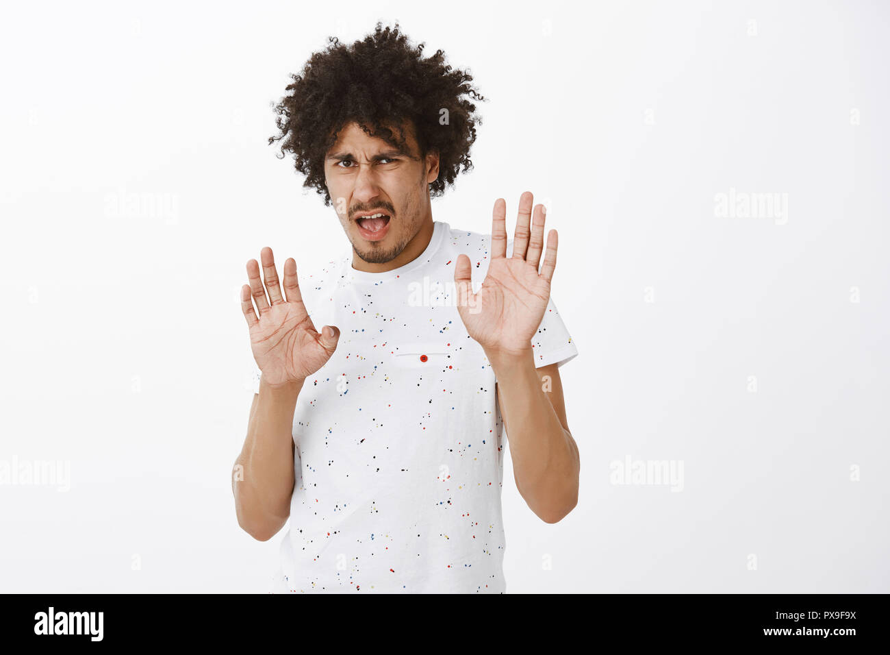 Gosh, no, take it away. Portrait of displeased and disgusted cute ...