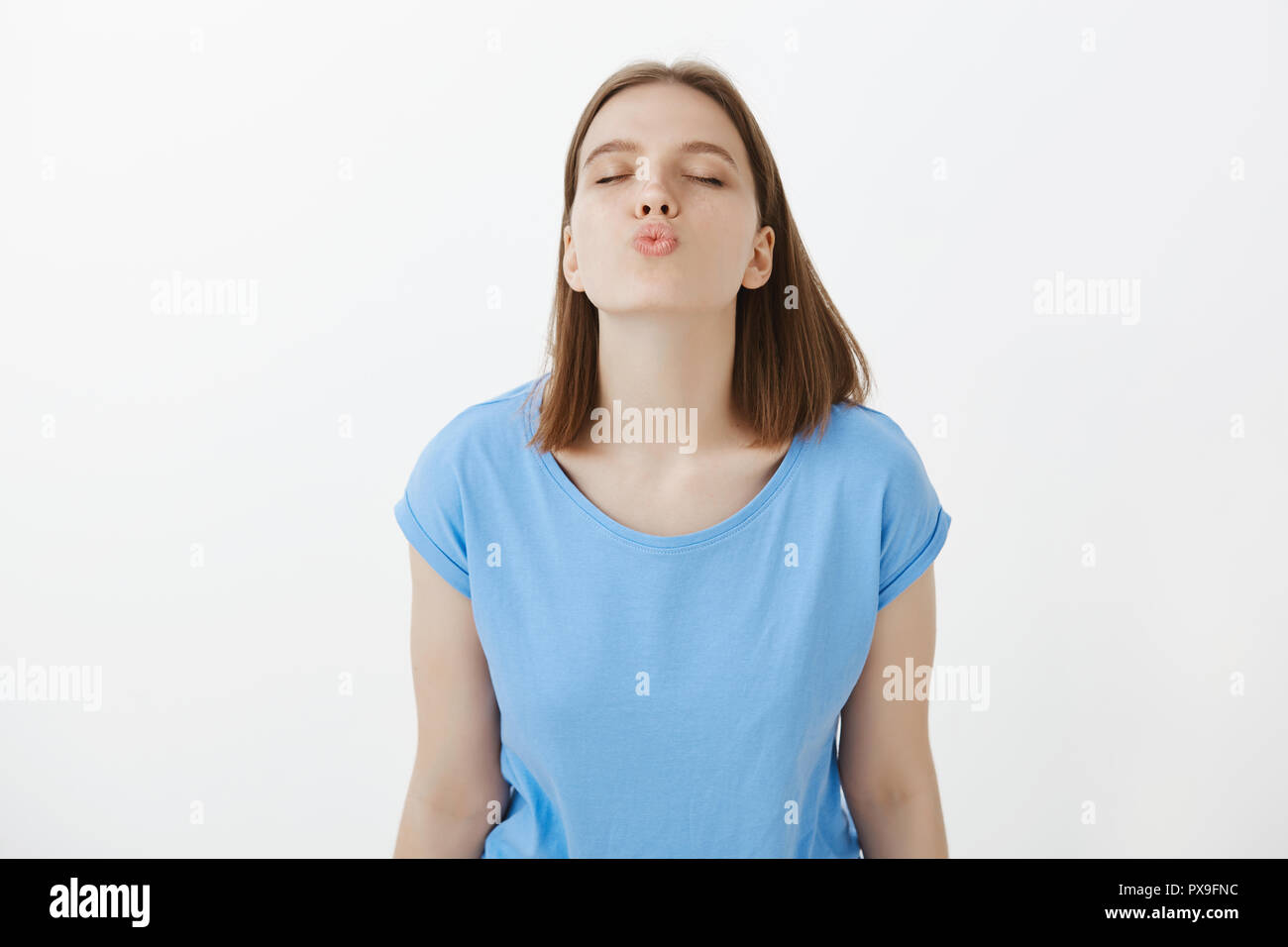 Give me passionate mwah. Portrait of romantic good-looking woman with ...