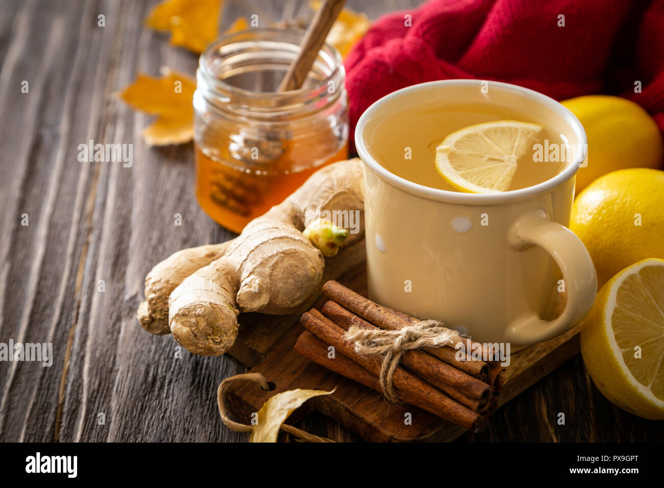 Autumn hot drink - ginger, lemon, honey tea and ingredients Stock Photo ...